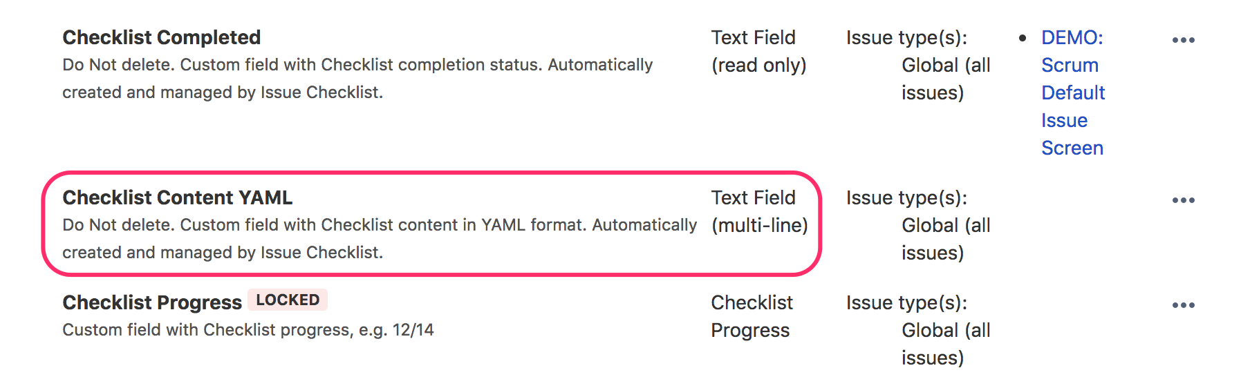 Checklist Content YAML custom field (deprecated)