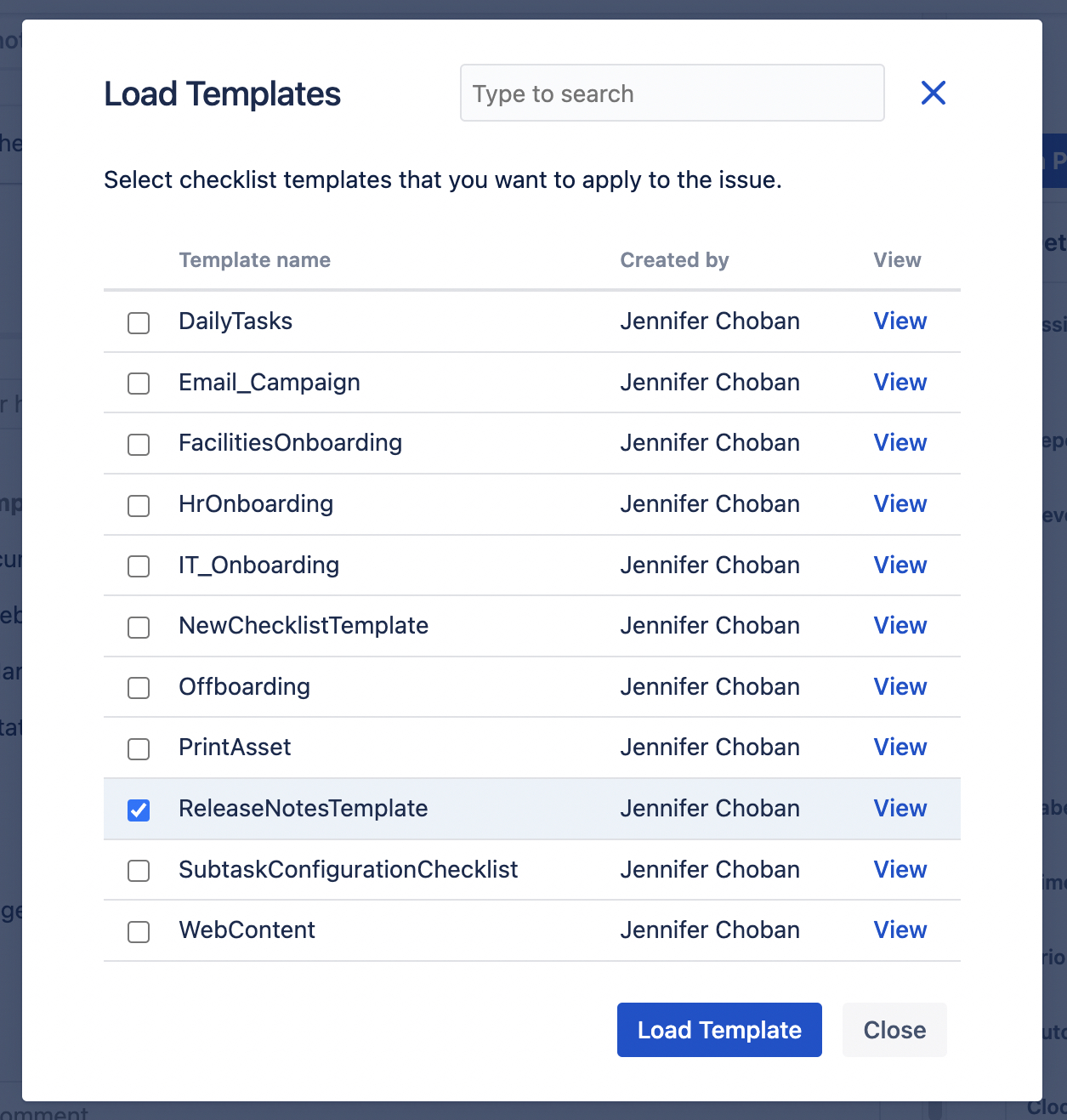 Loading a Checklist Template