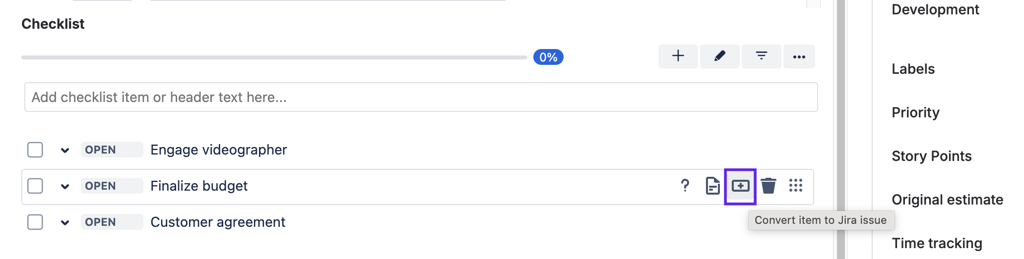 Convert a Checklist Item to Work Item or Subtask