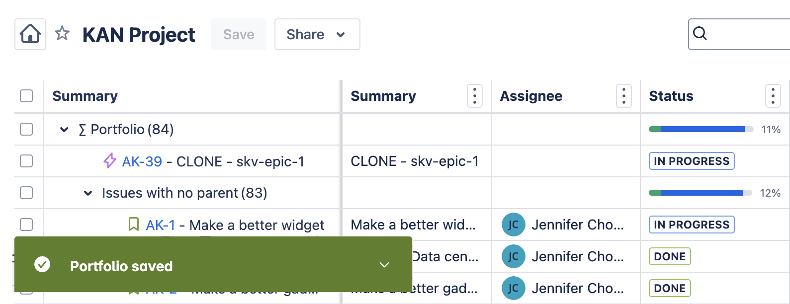 Legacy Epics Map View vs Portfolio Project View